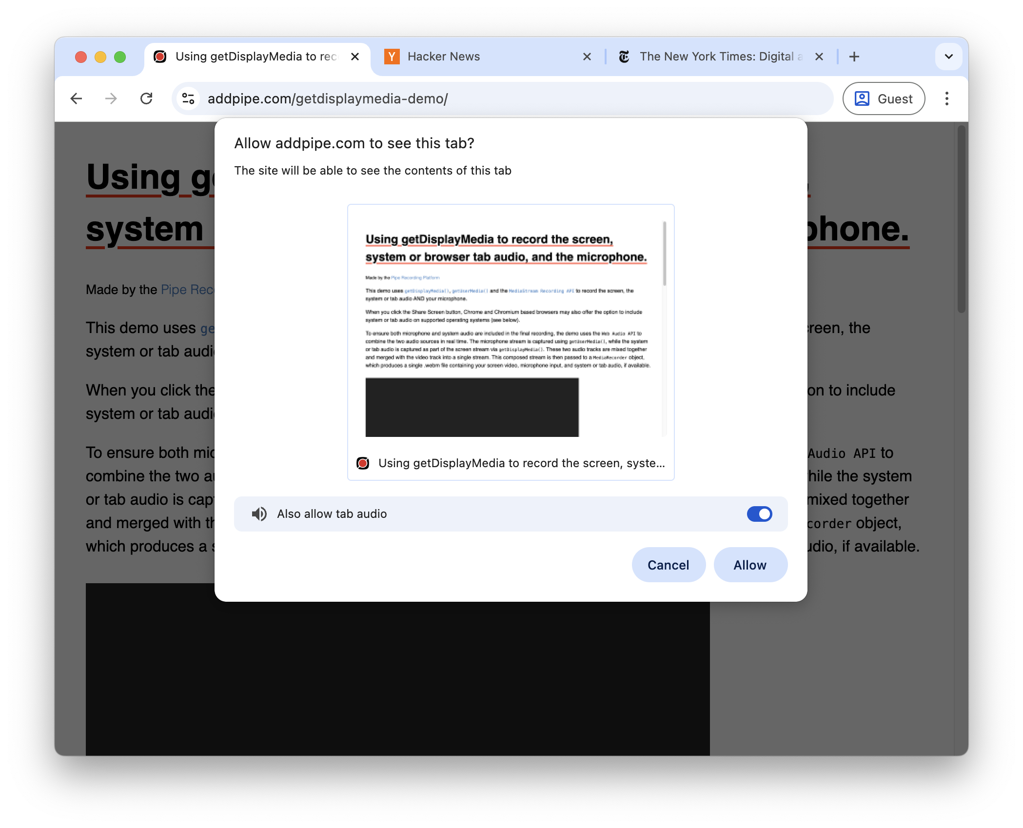 Screen Sharing a Single Tab With getViewportMedia or getDisplayMedia